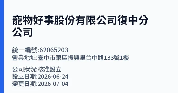 寵物好事股份有限公司復中分公司的照片-統編 62065203(臺中市) 公司登記資料與營業項目詳細圖表