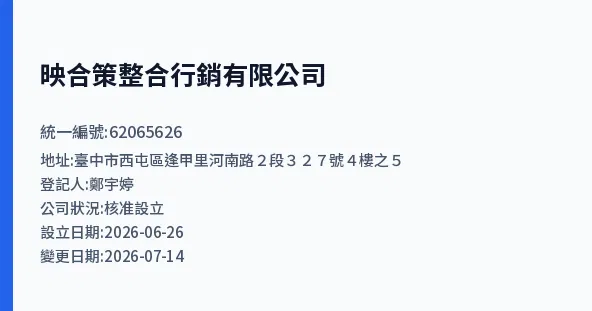 映合策整合行銷有限公司的照片-統編 62065626(臺中市) 公司登記資料與營業項目詳細圖表