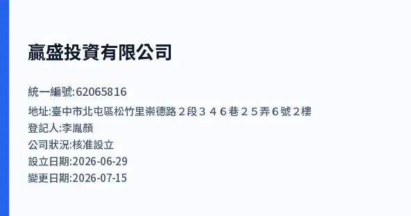 贏盛投資有限公司的照片-統編 62065816(臺中市) 公司登記資料與營業項目詳細圖表