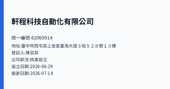 軒程科技自動化有限公司的照片-統編 62065914(臺中市) 公司登記資料與營業項目詳細圖表