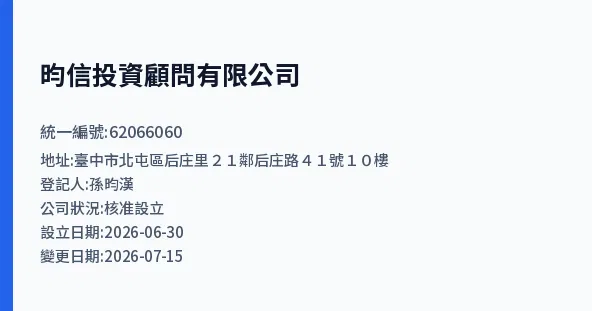 昀信投資顧問有限公司的照片-統編 62066060(臺中市) 公司登記資料與營業項目詳細圖表