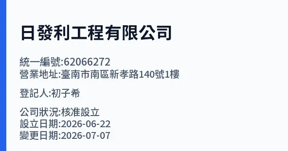 日發利工程有限公司的照片-統編 62066272(臺南市) 公司登記資料與營業項目詳細圖表