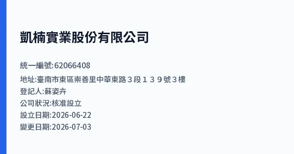 凱楠實業股份有限公司的照片-統編 62066408(臺南市) 公司登記資料與營業項目詳細圖表