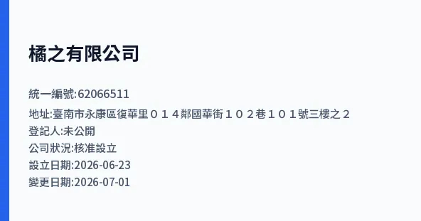 橘之有限公司的照片-統編 62066511(臺南市) 公司登記資料與營業項目詳細圖表