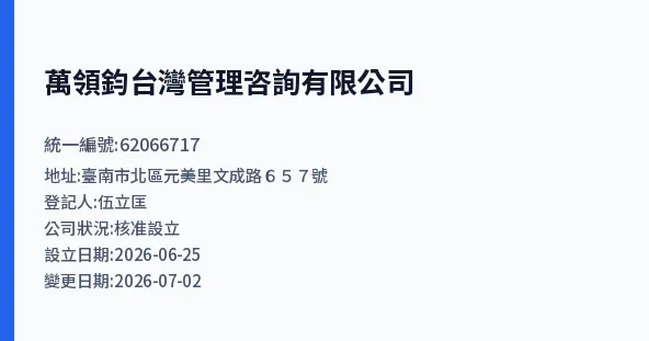 萬領鈞台灣管理咨詢有限公司的照片-統編 62066717(臺南市) 公司登記資料與營業項目詳細圖表