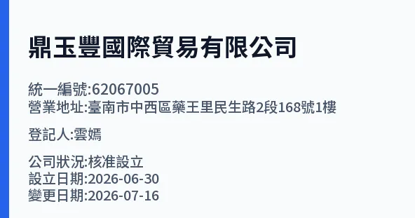 鼎玉豐國際貿易有限公司的照片-統編 62067005(臺南市) 公司登記資料與營業項目詳細圖表