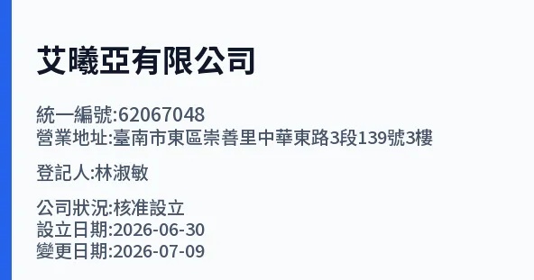 艾曦亞有限公司的照片-統編 62067048(臺南市) 公司登記資料與營業項目詳細圖表