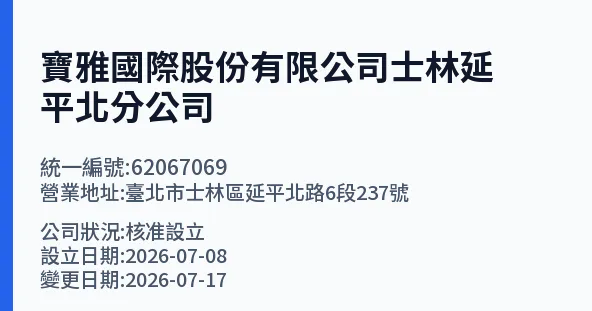 寶雅國際股份有限公司士林延平北分公司的照片-統編 62067069(臺北市) 公司登記資料與營業項目詳細圖表