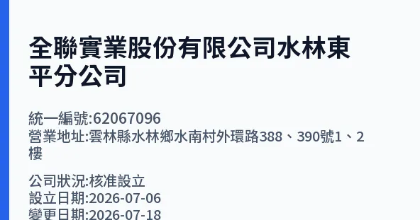 全聯實業股份有限公司水林東平分公司的照片-統編 62067096(雲林縣) 公司登記資料與營業項目詳細圖表
