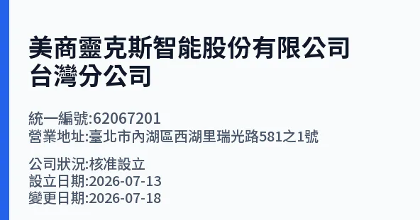美商靈克斯智能股份有限公司台灣分公司的照片-統編 62067201(臺北市) 公司登記資料與營業項目詳細圖表