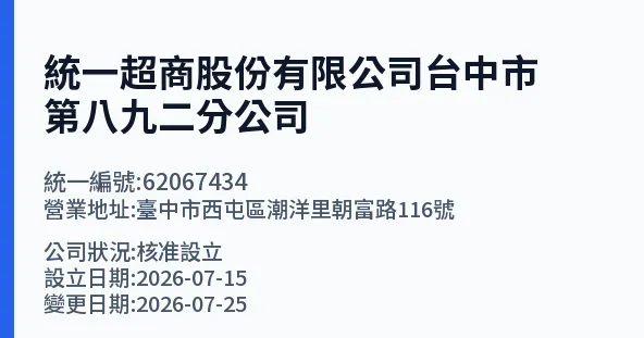統一超商股份有限公司台中市第八九二分公司的照片-統編 62067434(臺中市) 公司登記資料與營業項目詳細圖表