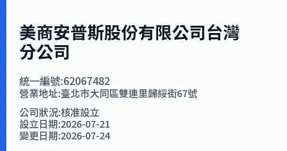 美商安普斯股份有限公司台灣分公司的照片-統編 62067482(臺北市) 公司登記資料與營業項目詳細圖表