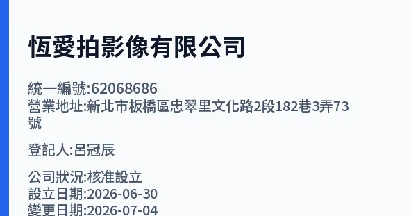 恆愛拍影像有限公司的照片-統編 62068686(新北市) 公司登記資料與營業項目詳細圖表