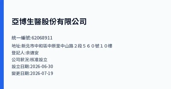 亞博生醫股份有限公司的照片-統編 62068911(新北市) 公司登記資料與營業項目詳細圖表