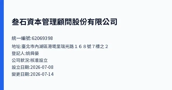 叁石資本管理顧問股份有限公司的照片-統編 62069398(臺北市) 公司登記資料與營業項目詳細圖表