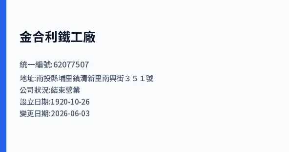 金合利鐵工廠的照片-統編 62077507(南投縣) 公司登記資料與營業項目詳細圖表