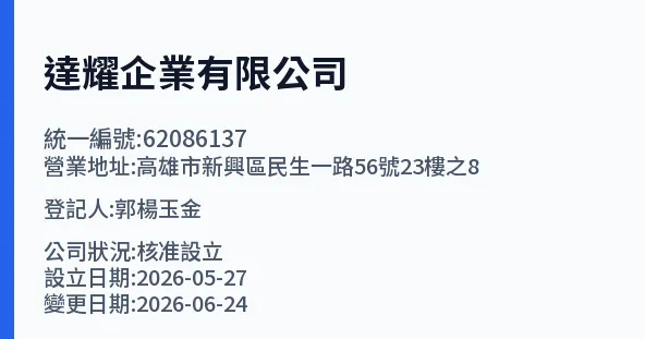 達耀企業有限公司的照片-統編 62086137(高雄市) 公司登記資料與營業項目詳細圖表