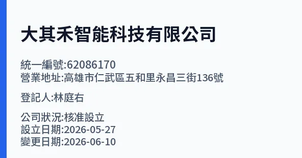 大其禾智能科技有限公司的照片-統編 62086170(高雄市) 公司登記資料與營業項目詳細圖表
