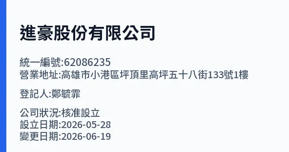 進豪股份有限公司的照片-統編 62086235(高雄市) 公司登記資料與營業項目詳細圖表