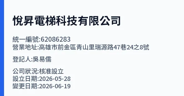 悅昇電梯科技有限公司的照片-統編 62086283(高雄市) 公司登記資料與營業項目詳細圖表