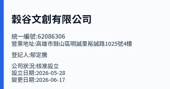 穀谷文創有限公司的照片-統編 62086306(高雄市) 公司登記資料與營業項目詳細圖表