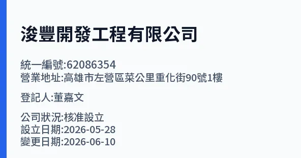 浚豐開發工程有限公司的照片-統編 62086354(高雄市) 公司登記資料與營業項目詳細圖表