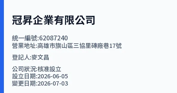 冠昇企業有限公司的照片-統編 62087240(高雄市) 公司登記資料與營業項目詳細圖表