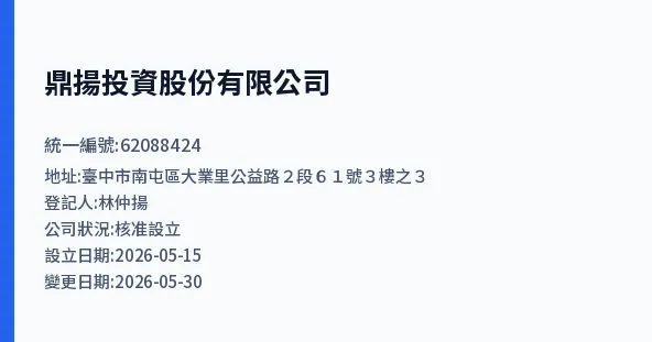 鼎揚投資股份有限公司的照片-統編 62088424(臺中市) 公司登記資料與營業項目詳細圖表