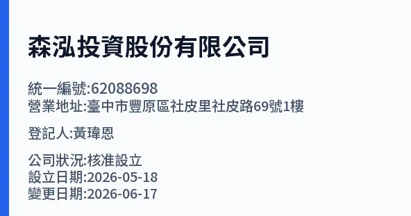 森泓投資股份有限公司的照片-統編 62088698(臺中市) 公司登記資料與營業項目詳細圖表