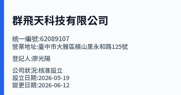 群飛天科技有限公司的照片-統編 62089107(臺中市) 公司登記資料與營業項目詳細圖表