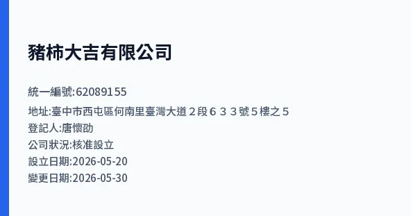豬柿大吉有限公司的照片-統編 62089155(臺中市) 公司登記資料與營業項目詳細圖表