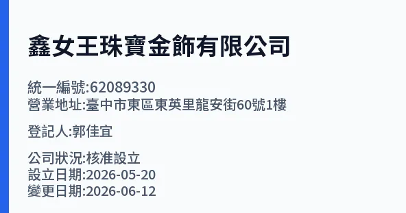 鑫女王珠寶金飾有限公司的照片-統編 62089330(臺中市) 公司登記資料與營業項目詳細圖表