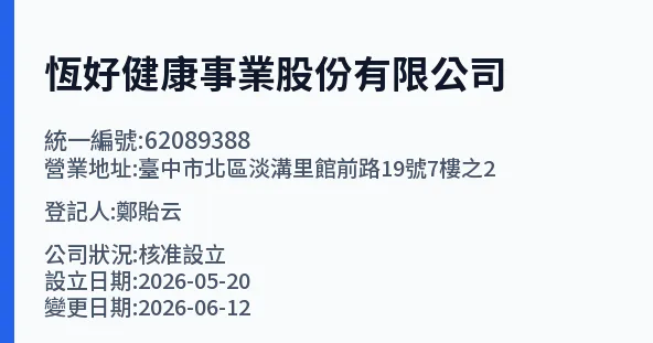 恆好健康事業股份有限公司的照片-統編 62089388(臺中市) 公司登記資料與營業項目詳細圖表