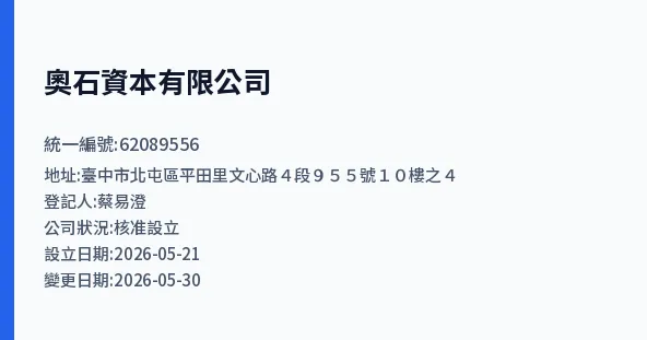 奧石資本股份有限公司的照片-統編 62089556(臺中市) 公司登記資料與營業項目詳細圖表
