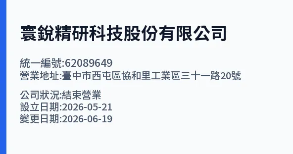寰銳精研科技股份有限公司的照片-統編 62089649(臺中市) 公司登記資料與營業項目詳細圖表