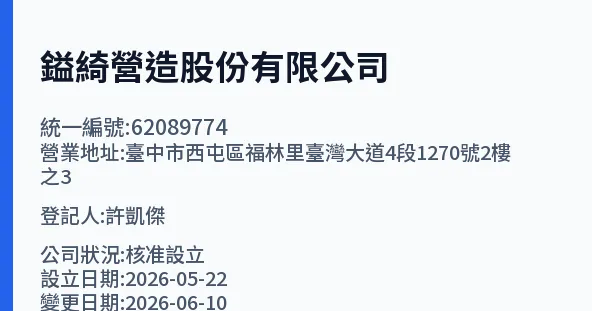 鎰綺營造股份有限公司的照片-統編 62089774(臺中市) 公司登記資料與營業項目詳細圖表