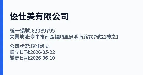 優仕美有限公司的照片-統編 62089795(臺中市) 公司登記資料與營業項目詳細圖表