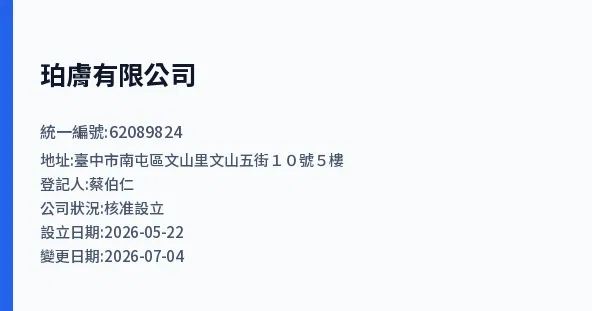 珀膚有限公司的照片-統編 62089824(臺中市) 公司登記資料與營業項目詳細圖表