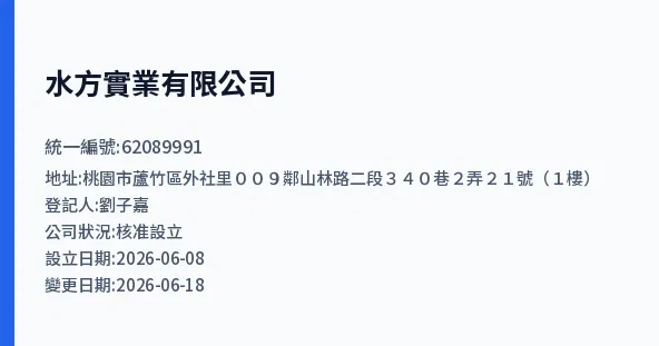 水方實業有限公司的照片-統編 62089991(桃園市) 公司登記資料與營業項目詳細圖表