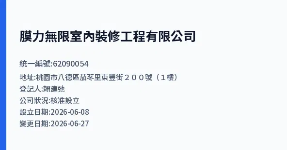 膜力無限室內裝修工程有限公司的照片-統編 62090054(桃園市) 公司登記資料與營業項目詳細圖表