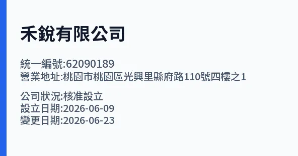 禾銳有限公司的照片-統編 62090189(桃園市) 公司登記資料與營業項目詳細圖表
