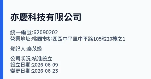 亦慶科技有限公司的照片-統編 62090202(桃園市) 公司登記資料與營業項目詳細圖表