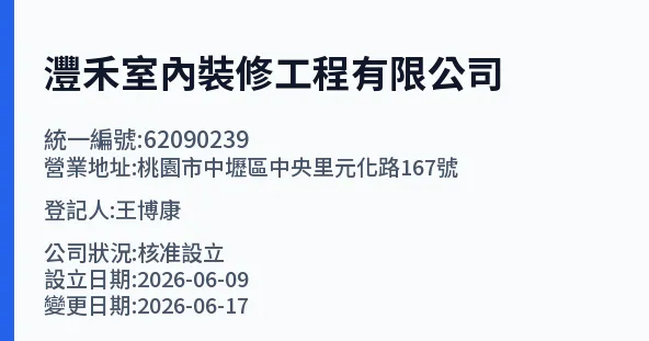 灃禾室內裝修工程有限公司的照片-統編 62090239(桃園市) 公司登記資料與營業項目詳細圖表
