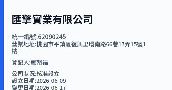 匯擎實業有限公司的照片-統編 62090245(桃園市) 公司登記資料與營業項目詳細圖表