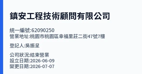 鎮安工程技術顧問有限公司的照片-統編 62090250(桃園市) 公司登記資料與營業項目詳細圖表