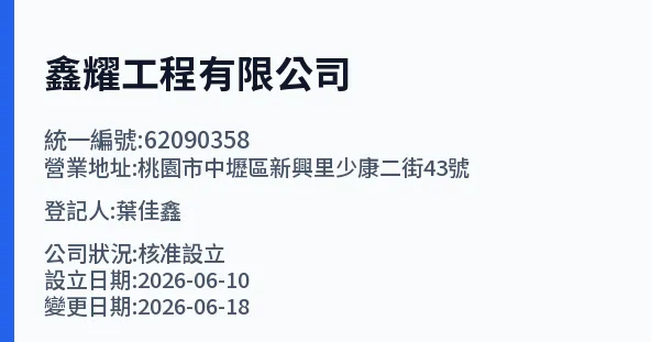 鑫耀工程有限公司的照片-統編 62090358(桃園市) 公司登記資料與營業項目詳細圖表