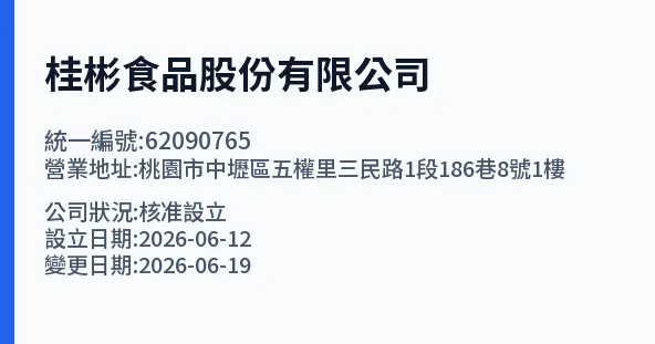 桂彬食品股份有限公司的照片-統編 62090765(桃園市) 公司登記資料與營業項目詳細圖表