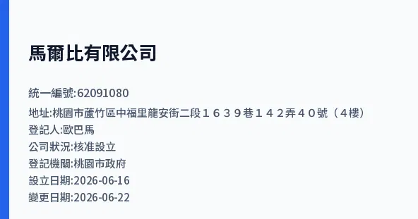 馬爾比有限公司的照片-統編 62091080(桃園市) 公司登記資料與營業項目詳細圖表