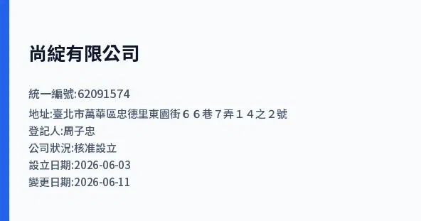 尚綻有限公司的照片-統編 62091574(臺北市) 公司登記資料與營業項目詳細圖表