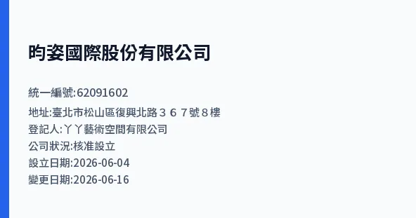 昀姿國際股份有限公司的照片-統編 62091602(臺北市) 公司登記資料與營業項目詳細圖表